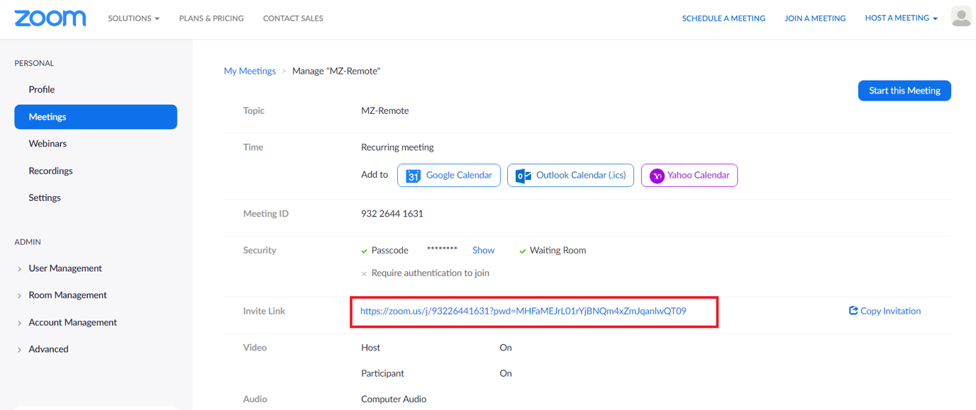 Create a Zoom Meeting Link for MZ-Club